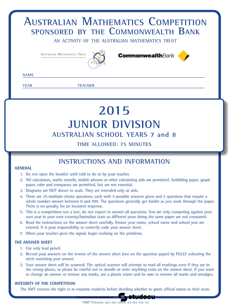 2015 Australian Math Competition Paper | PDF | Multiple Choice ...