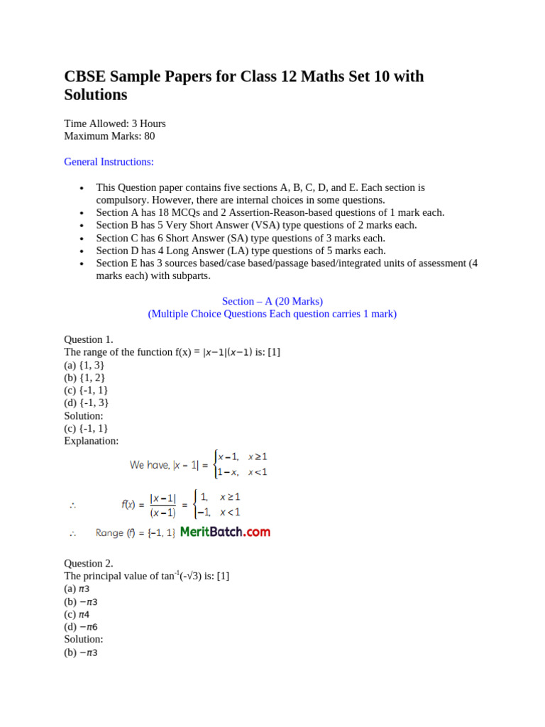 CBSE Sample Papers For Class 12 Maths Set 10 With Solutions | PDF ...