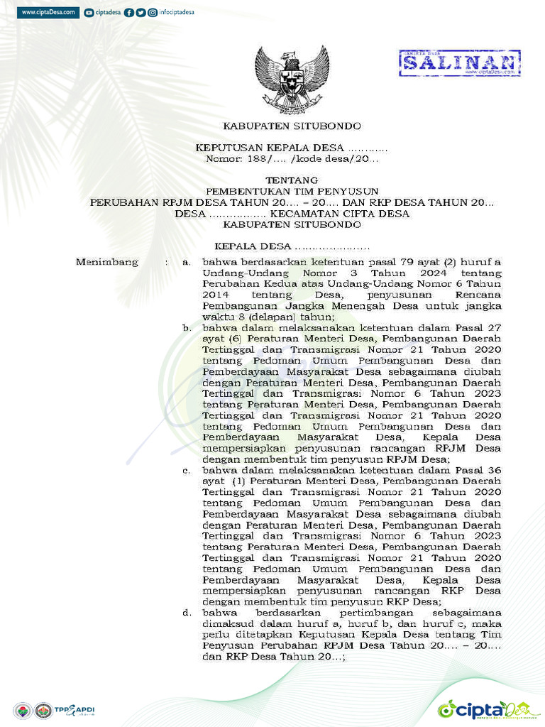 SK Tim Penyusun Perencanaan Desa Terintegrasi (WWW - Ciptadesa.com) | PDF