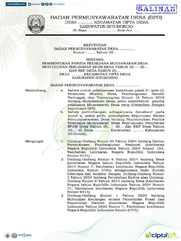 04.1 - SK Panitia Musdes Perencanaan Desa Terintegrasi (WWW - Ciptadesa.com) | PDF