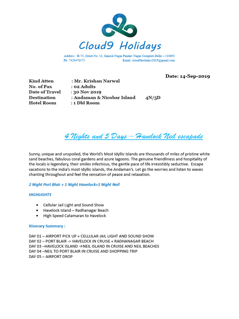 Andaman Package 4N5D 14sep (Krishan Narwal) | PDF