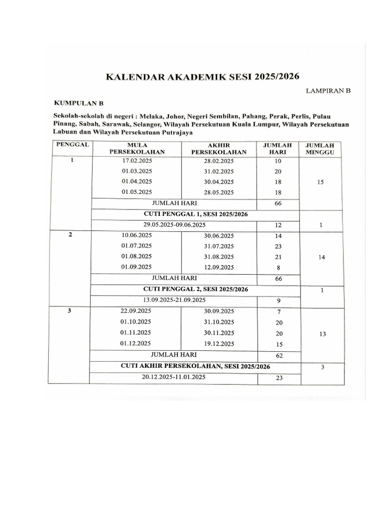 Takwim Kalender Sesi 2025 2026 | PDF