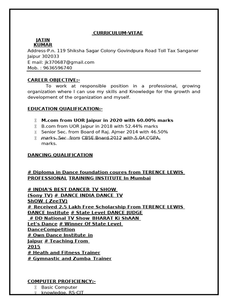JATIN Dance Resume | PDF
