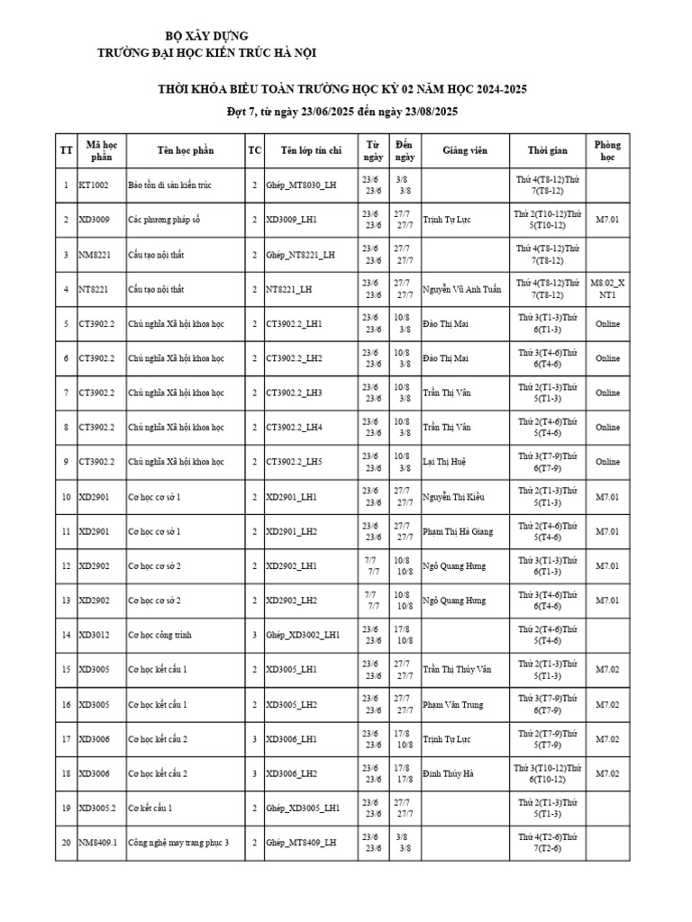 TKB Chính TH C Đ T 7 HK III (K Hè) Năm 2025 | PDF