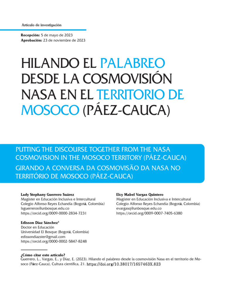 Hilando El Palabreo Desde La Cosmovisión Nasa en El Territorio de ...