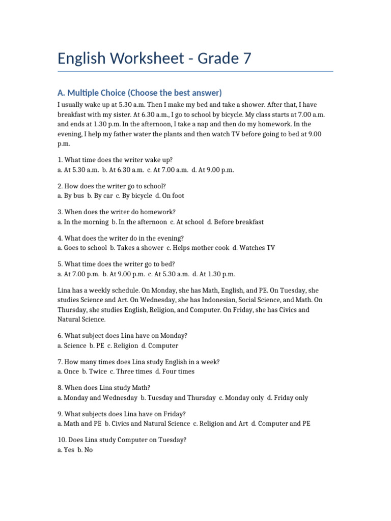 English Worksheet Grade7 | PDF