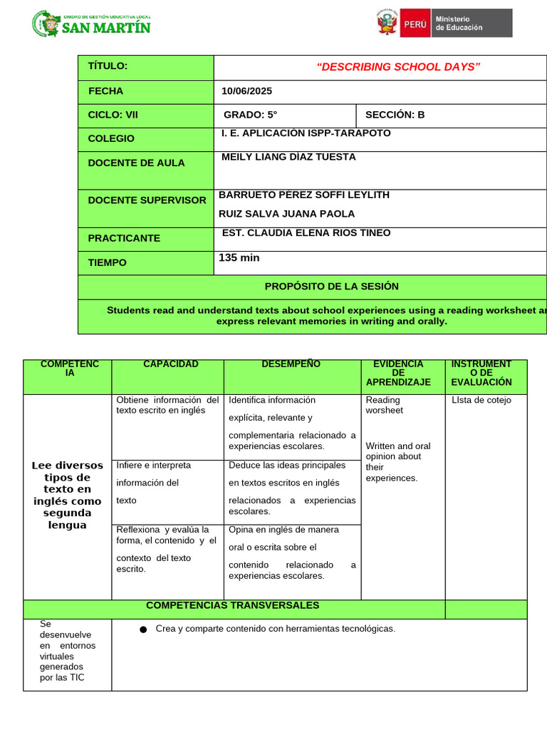 Lesson Plan "Describing School Days" | PDF | Cognitive Science | Learning