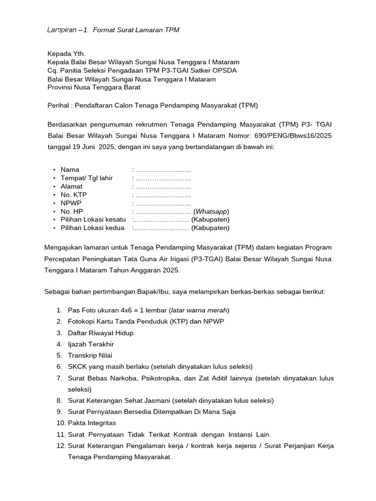 Contoh Surat Lamaran TPM 2025 | PDF