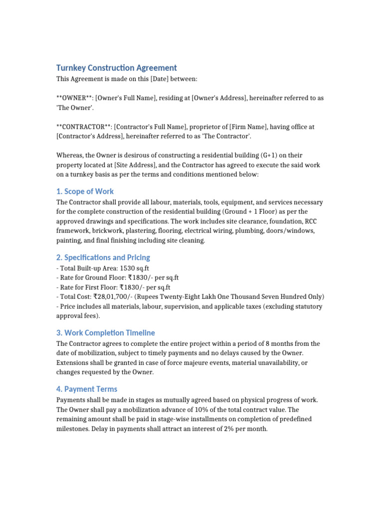 Turnkey Construction Agreement G+1 | PDF | Arbitration | Private Law