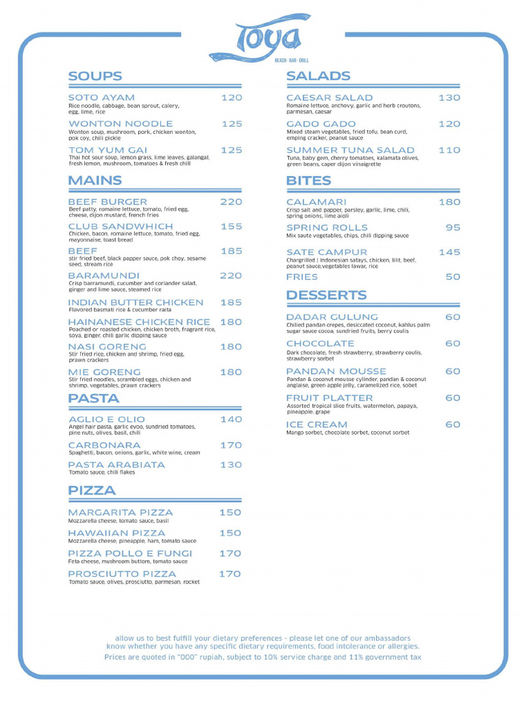 Toya Menu | PDF