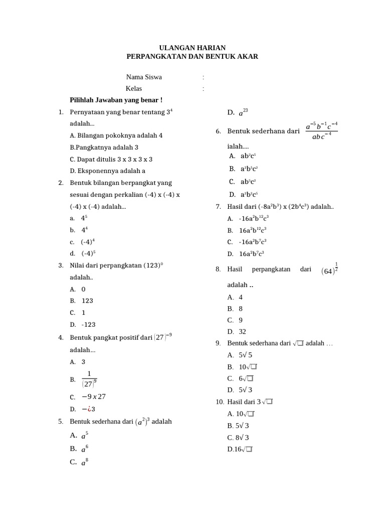 Ulangan Harian Perpangkatan Dan Bentuk Pangkat Kelas 9 | PDF