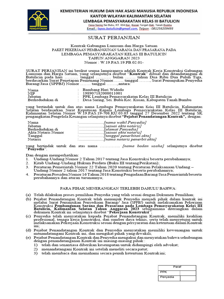 Draft Kontrak Pekerjaan Konstruksi LP Batulicin 20232 | PDF