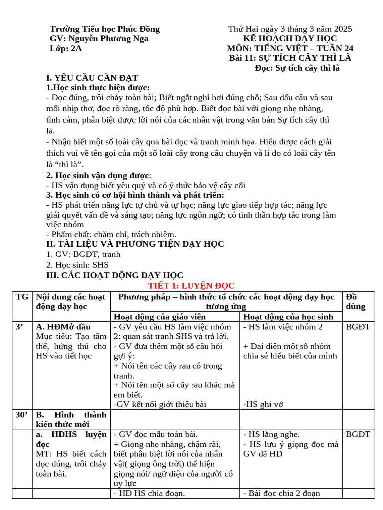 2A - KHBD TUẦN 24 | PDF
