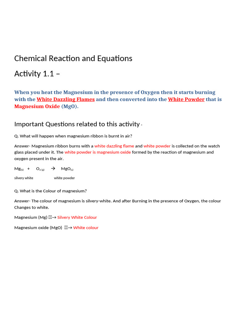 Chemical Reaction and Equations All Activity.. | PDF | Magnesium ...