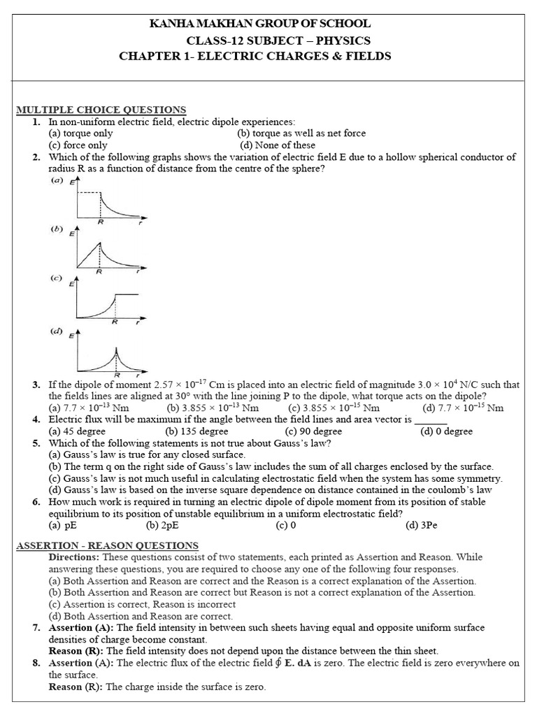 Class 12 Physics UT-1 WORKSHEET | PDF | Capacitance | Electrical ...
