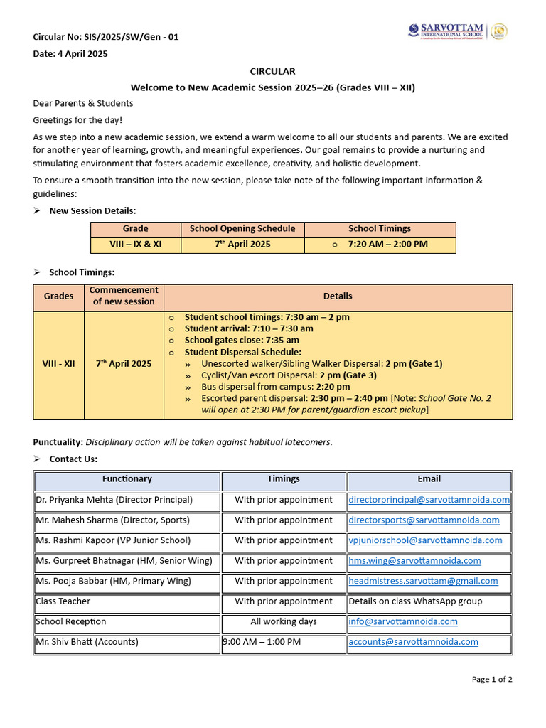 SIS - New Session Circular - Grades VIII-XII - School Timings | PDF | Learning | Behavior ...