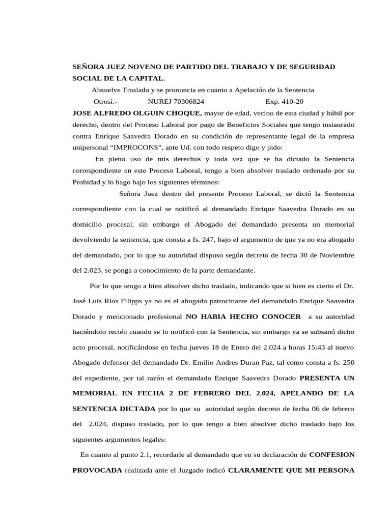 Absuelove Traslado Laboral Por Pago de Beneficios Sociales Caso Jose Alfredo Olguin Choque 14-2 ...