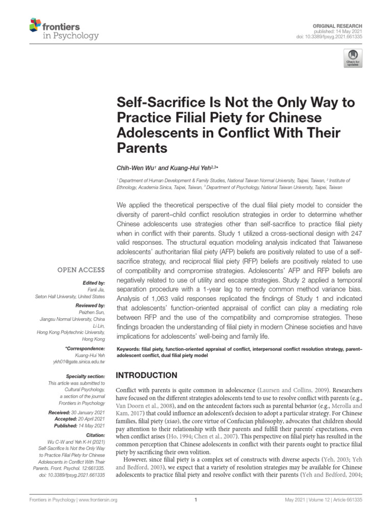 Self-Sacrifice Is Not The Only Way To Practice Filial Piety For Chinese Adolescents in Conflict ...
