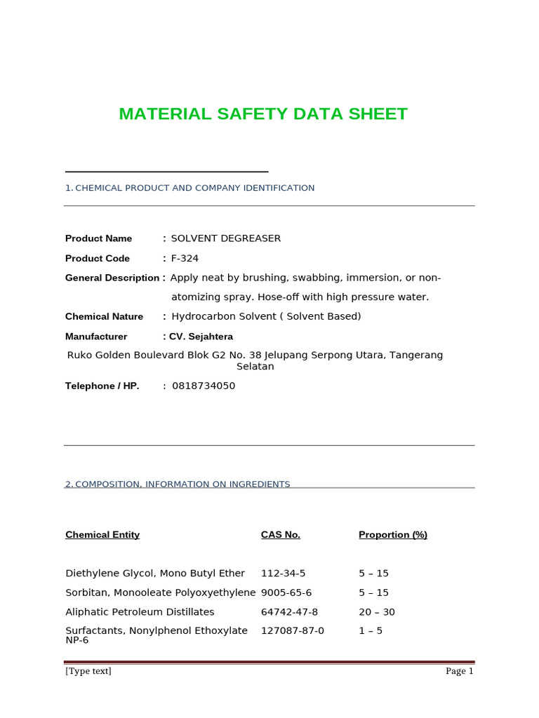 Solvent Degreaser MSDS Overview | PDF | Solvent | Water