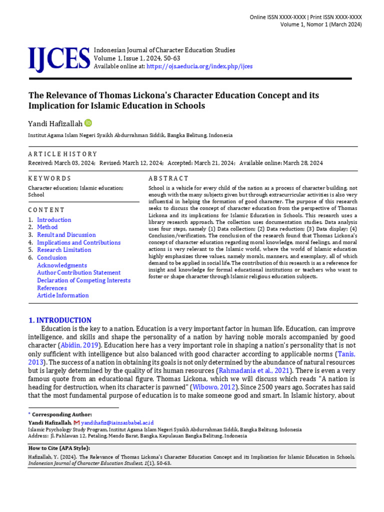 The Relevance of Thomas Lickona's Character Education Concept and Its ...
