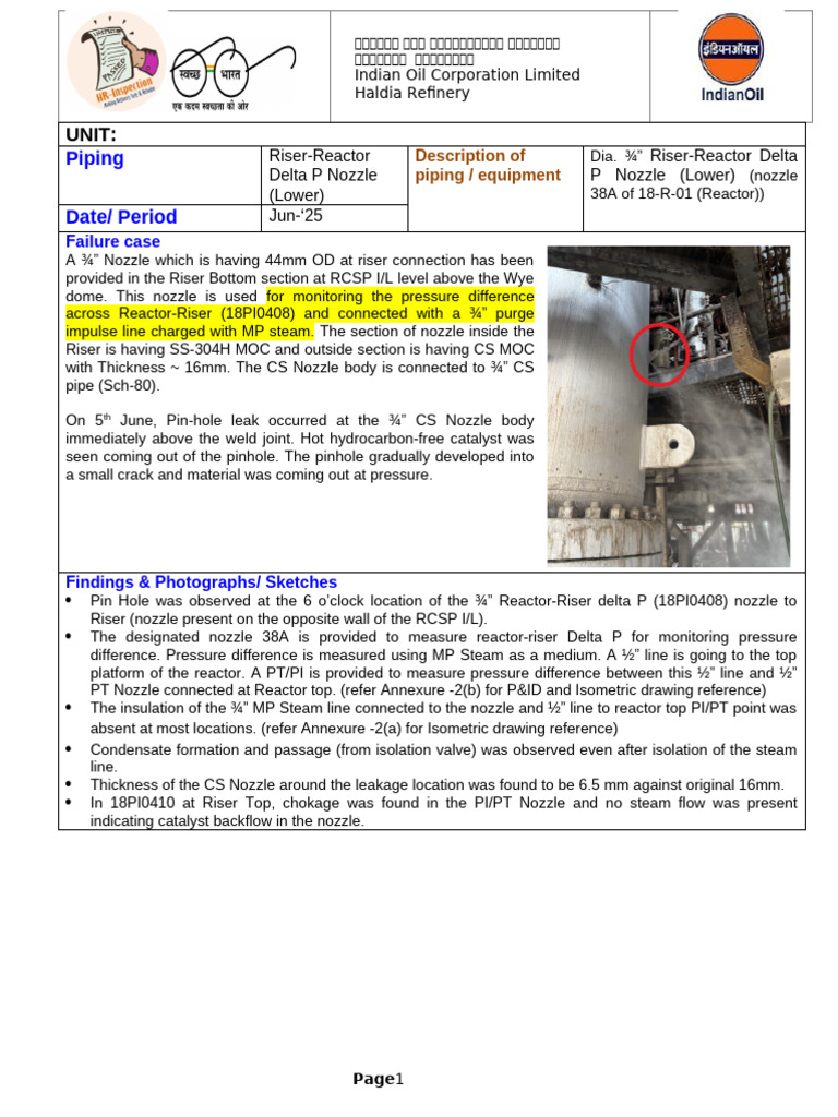 Failure of MP Steam Purge Line To Riser Draft | PDF | Steam | Process ...