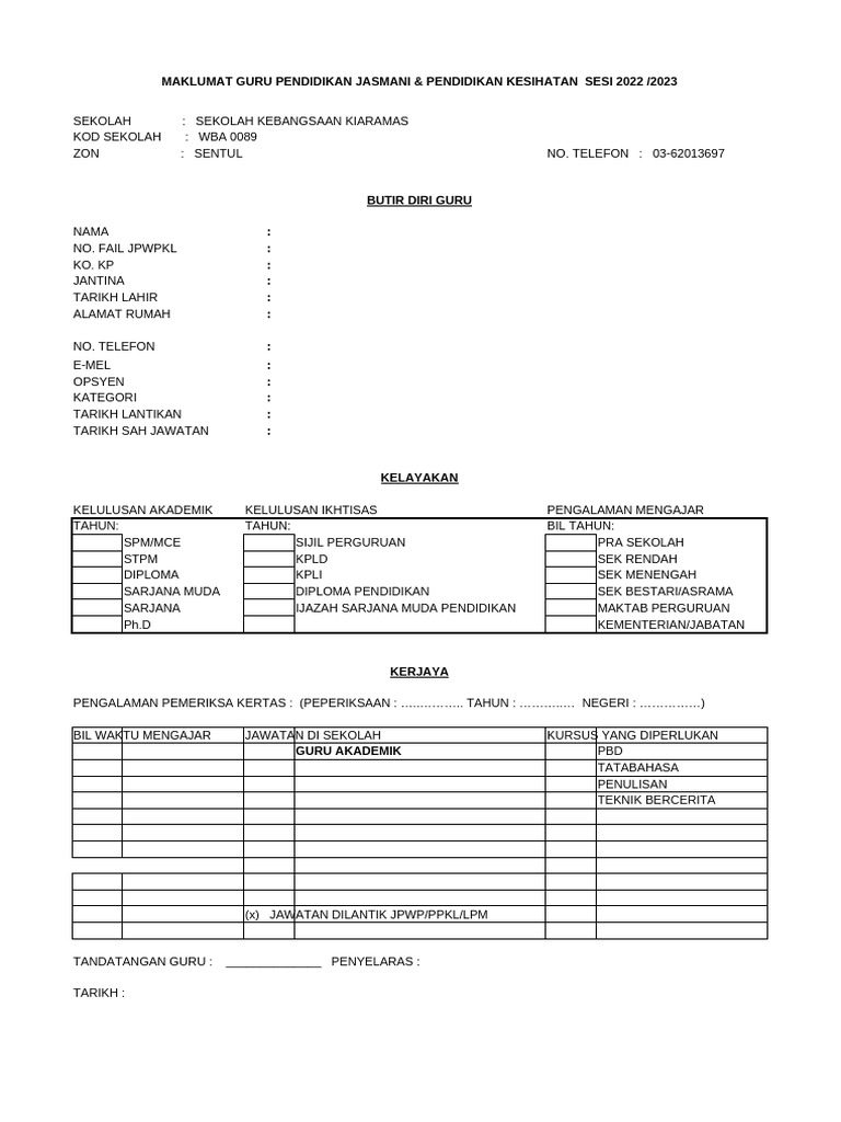 Borang Maklumat Guru PJPK 2022 | PDF
