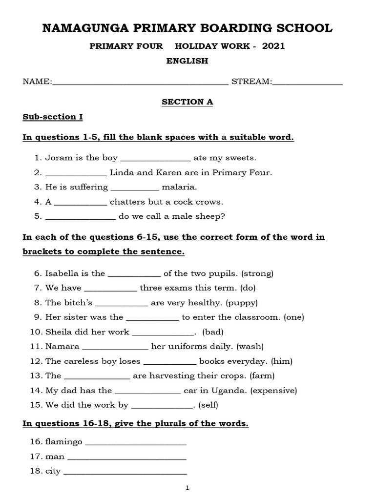 p.4 English Holiday Work Namagunga Primary School | PDF