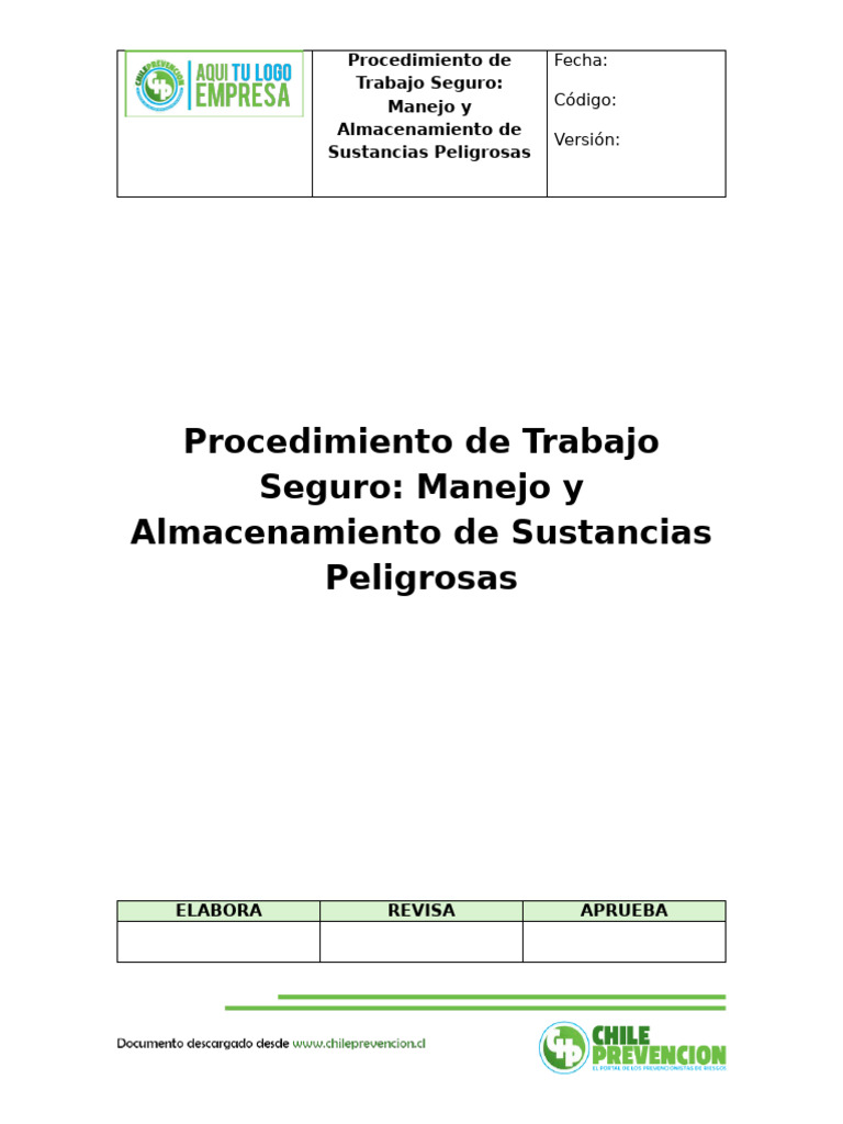 PTS Procedimiento de Trabajo Seguro Manejo y Almacenamiento de Sustancias Peligrosas | PDF ...