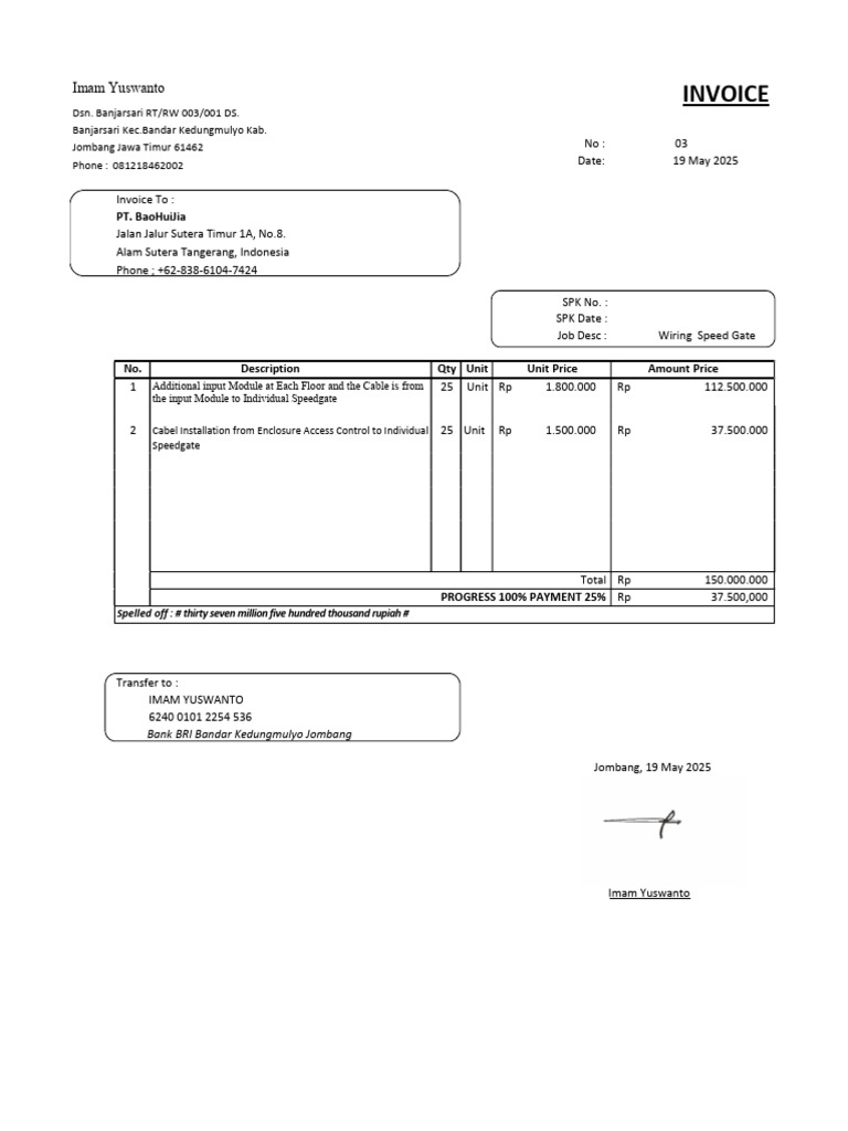 Invoice for Speed Gate Wiring Services | PDF