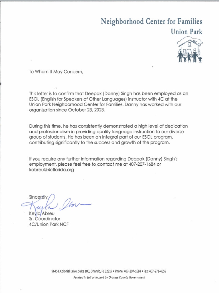 Recommendation Letter About Deepak (Danny) Singh From Union Park Neighborhood Center For ...