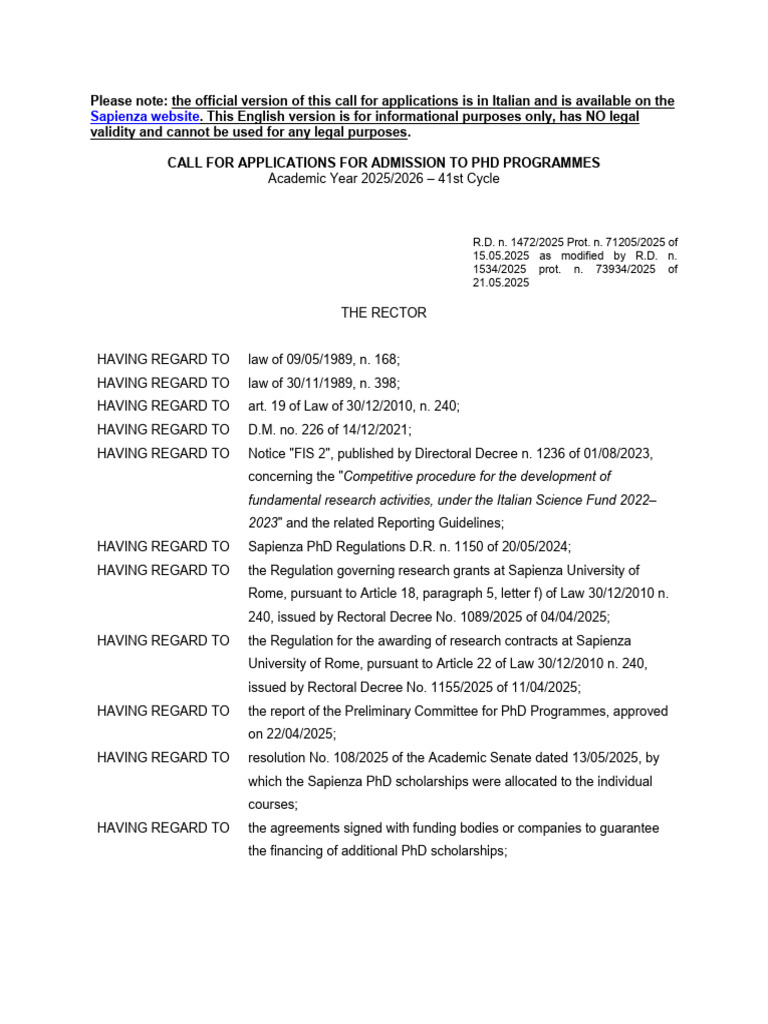 Bando PHD 41 Eng Integrato DR Modifica | PDF | Doctor Of Philosophy | Academic Degree