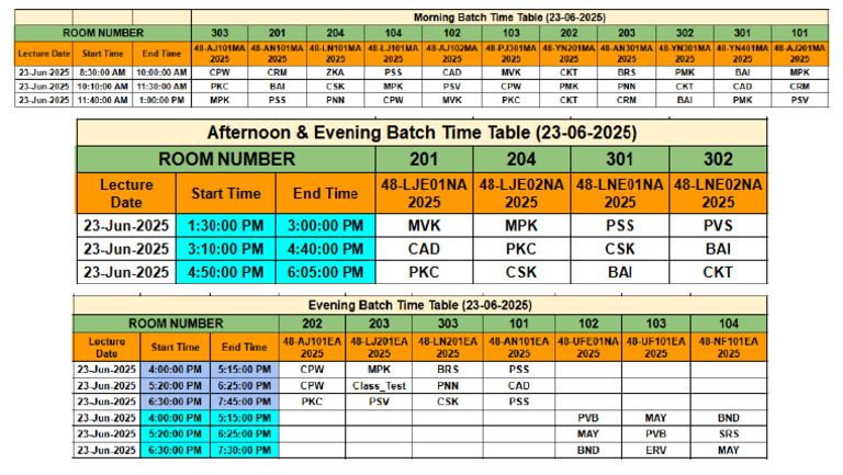 Morning & Evening Batch Time Table (23!06!2025) | PDF