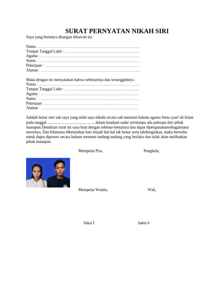 Contoh Surat Pernyataan Nikah Siri | PDF
