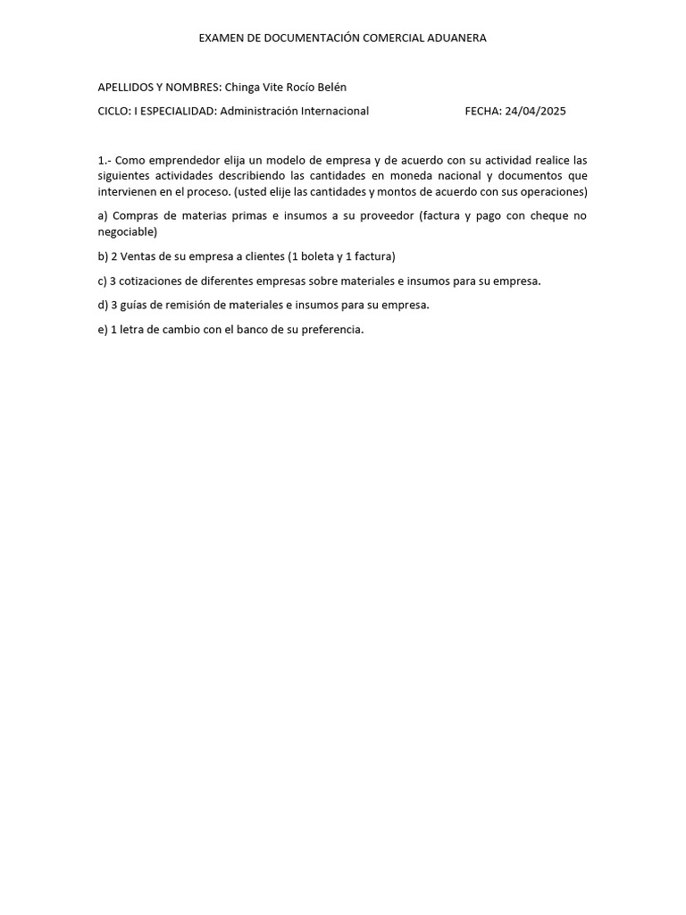 Examen de Documentación Examen Final 2025 | PDF | Panes | Trigo