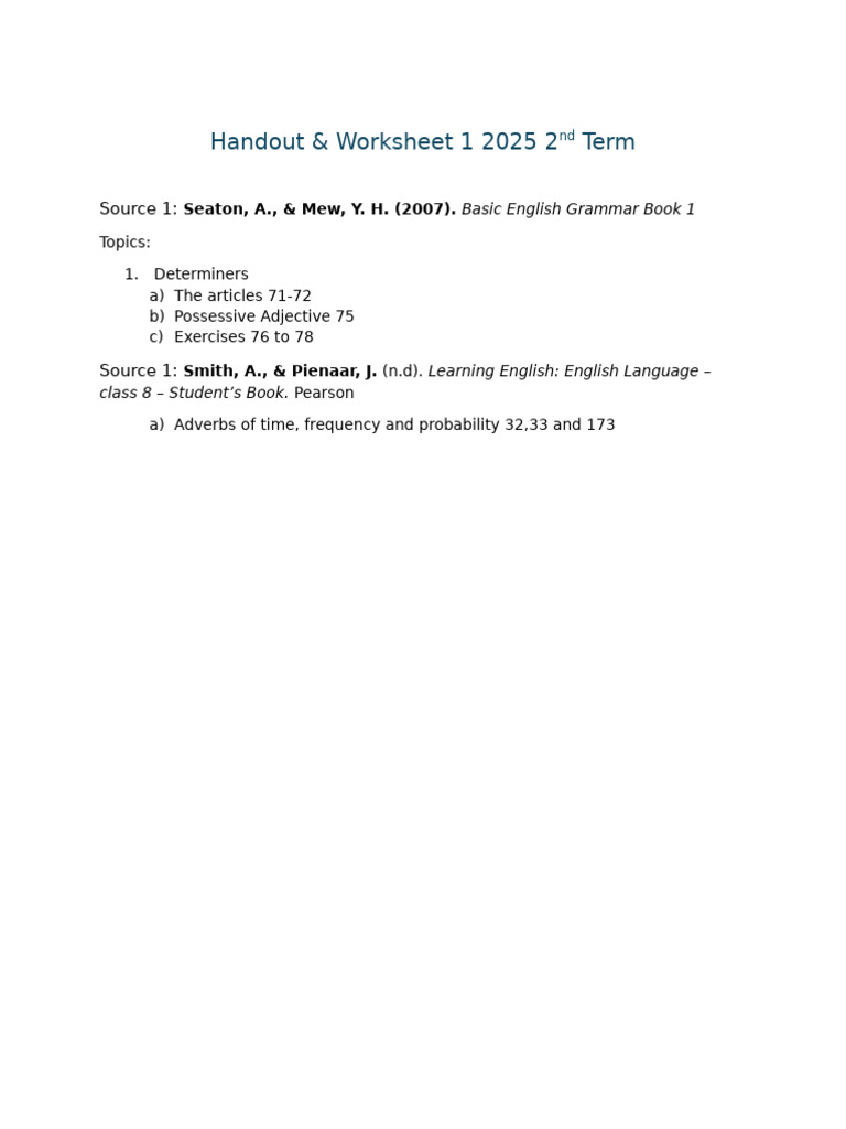 Handout & Worksheet 1 2025 2nd Term | PDF