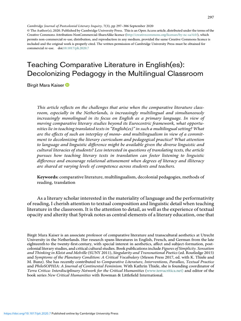 Teaching Comparative Literature in Englishes Decolonizing Pedagogy in ...
