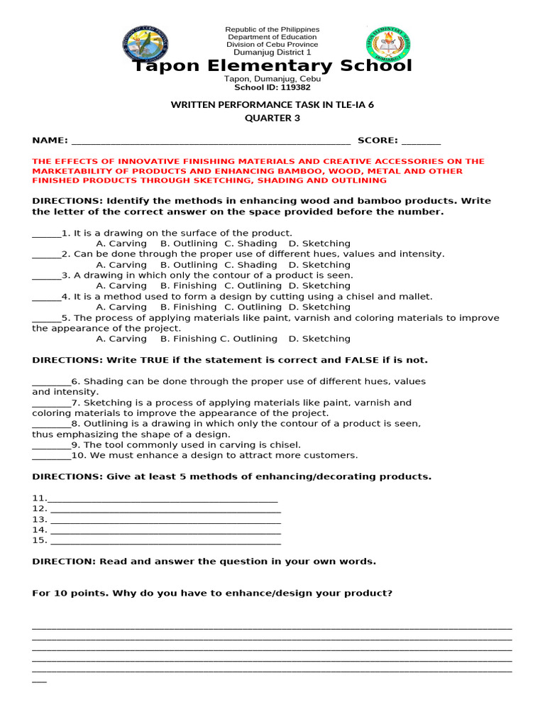 Q3 Written Performance Task in TLE 6 Week 3 and 4 | PDF | Wood Carving | Drawing