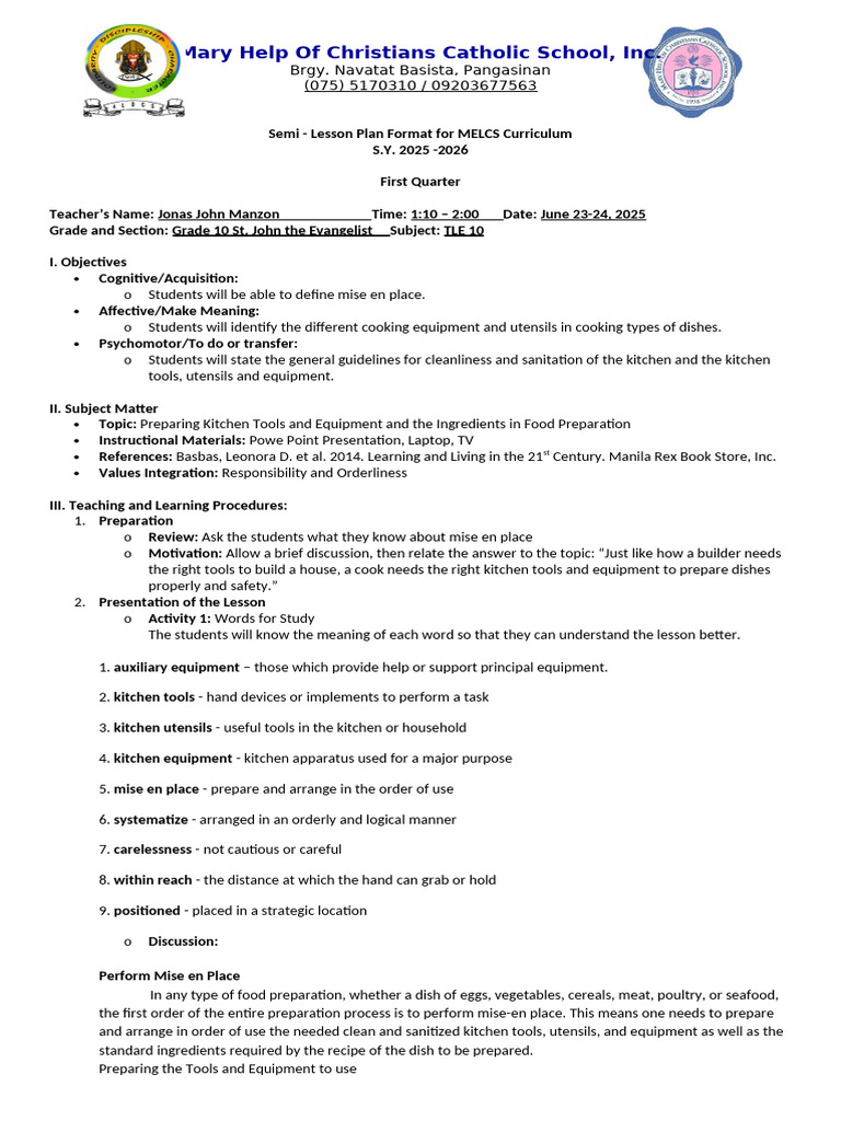 Semi Lesson Plan Format For Matatag Curriculum | PDF | Kitchen ...