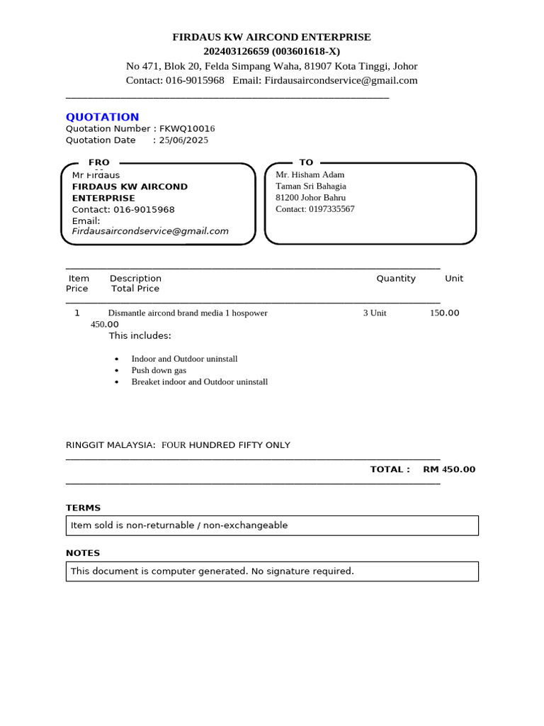 Air Conditioning Quotation FKWQ10016 | PDF