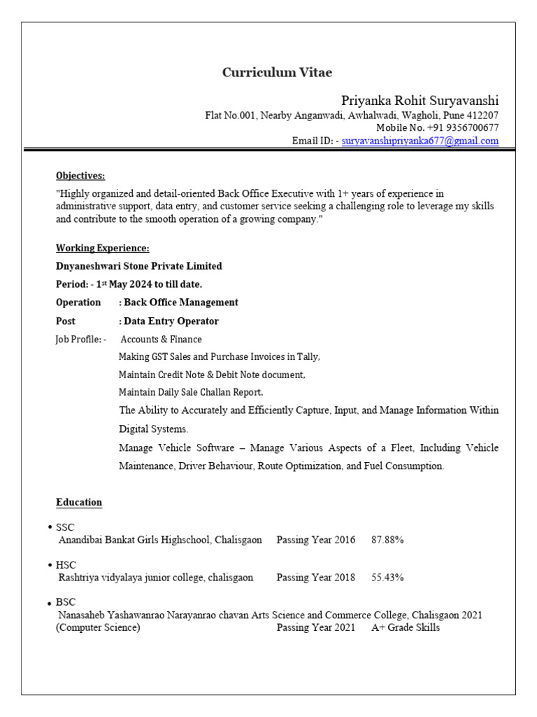 CV Priyanka Suryavanshi-1 | PDF | Microsoft Excel