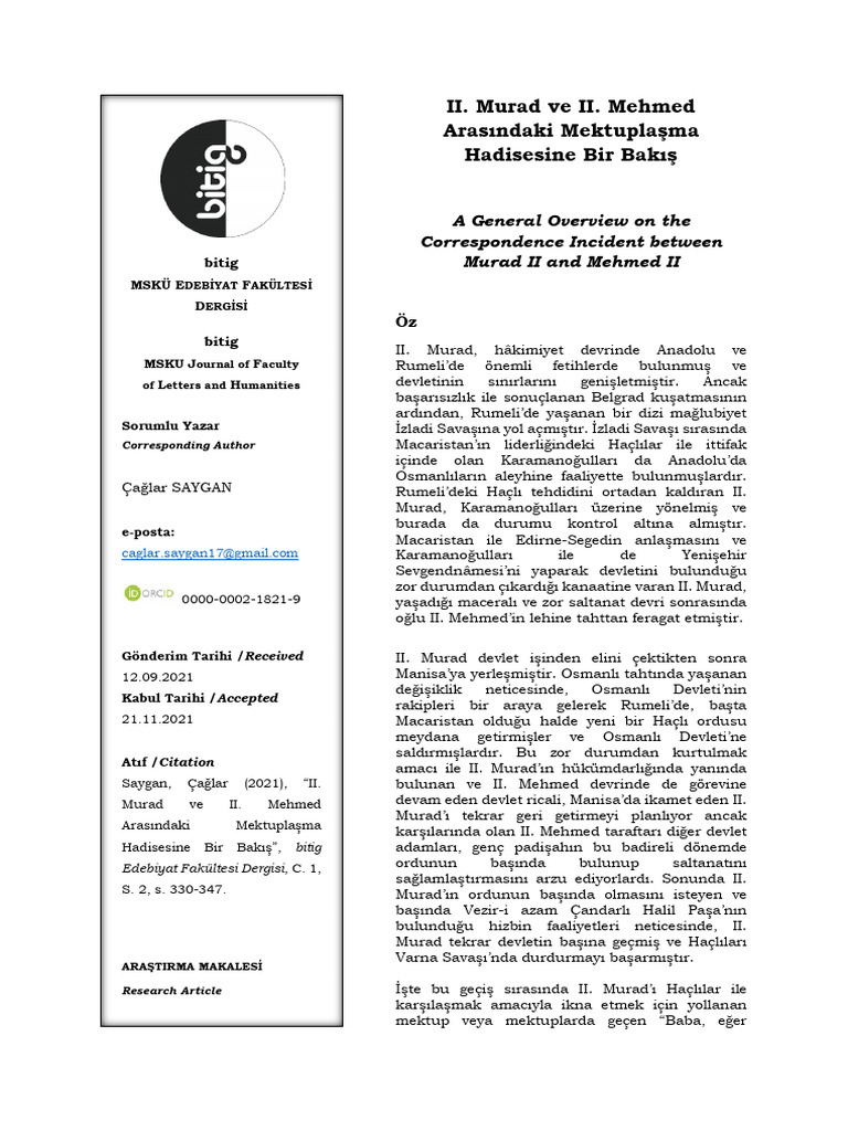 II. Murad Ve II. Mehmed Aras__ndaki Mektupla__ma Hadisesine Bir Bak____[#1047606]-2158006 | PDF