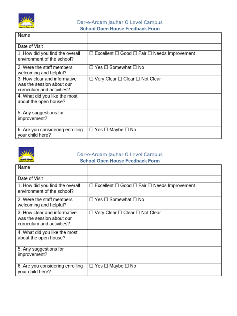 Open House Feedback Form | PDF
