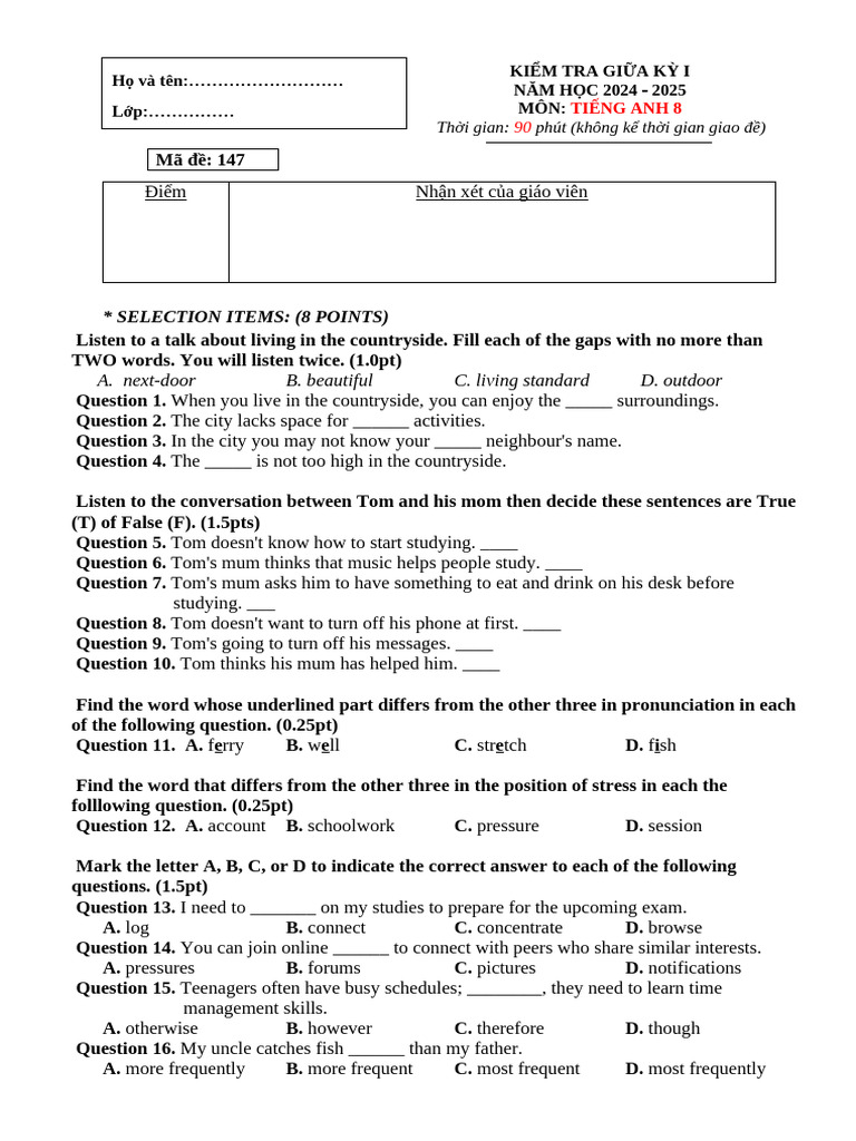 English Test for Grade 8 Students | PDF