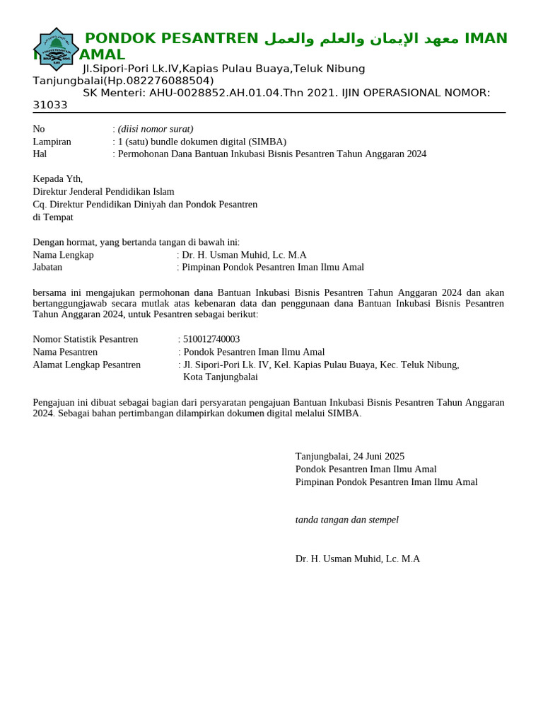 Permohonan Dana Bantuan Inkubasi Bisnis Pesantren Tahun Anggaran 2024 | PDF