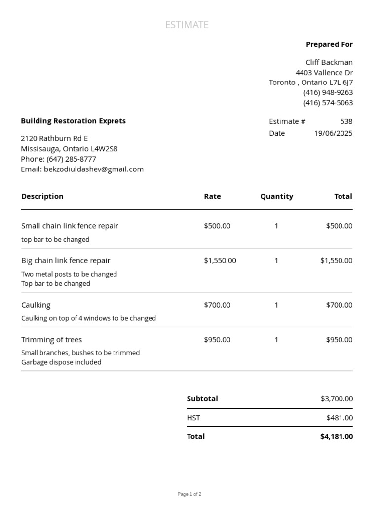 Estimate For Mr. Cliff Backman | PDF