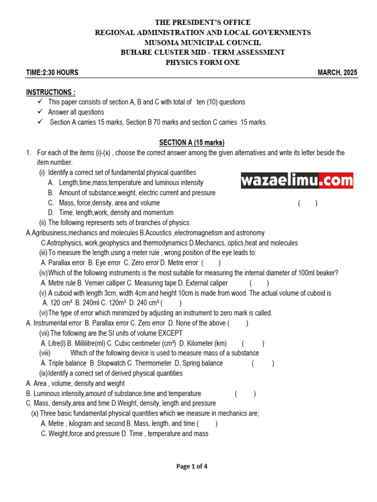 Physics Form One Mid-Term Assessment | PDF | Litre | Density