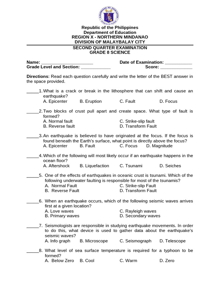 Science 8 Test Questionnaire | PDF | Meteoroid | Earthquakes