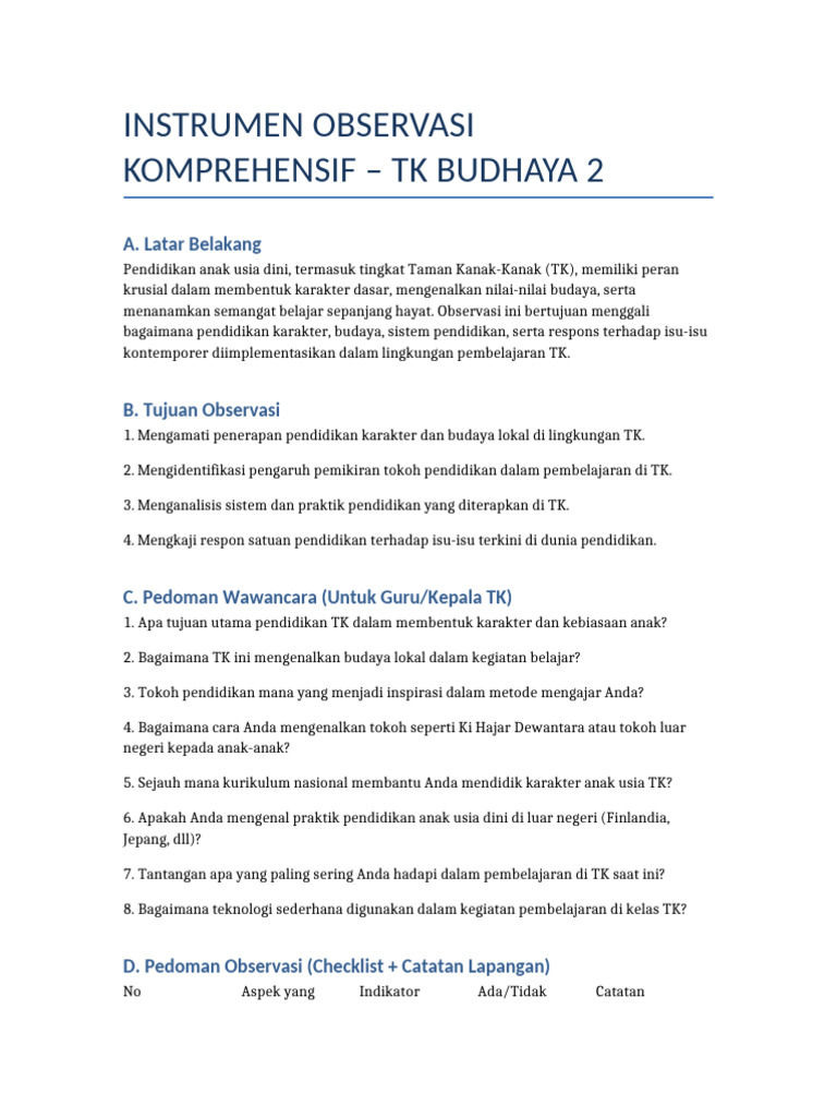 Instrumen Observasi TK Budhaya 2 | PDF