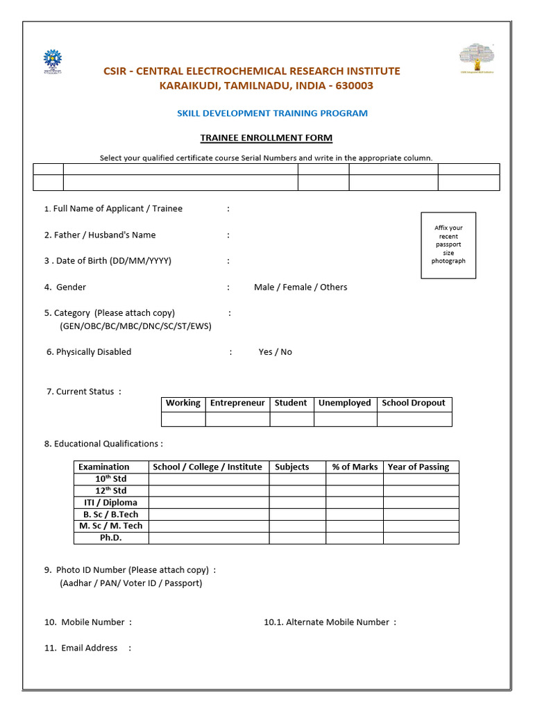 SKILL-cecri Application Form 2024 | PDF