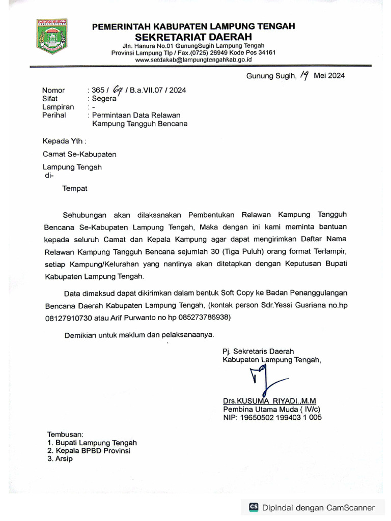 Surat Sekda Permintaan Data Relawan Kampung Tanghuh | PDF